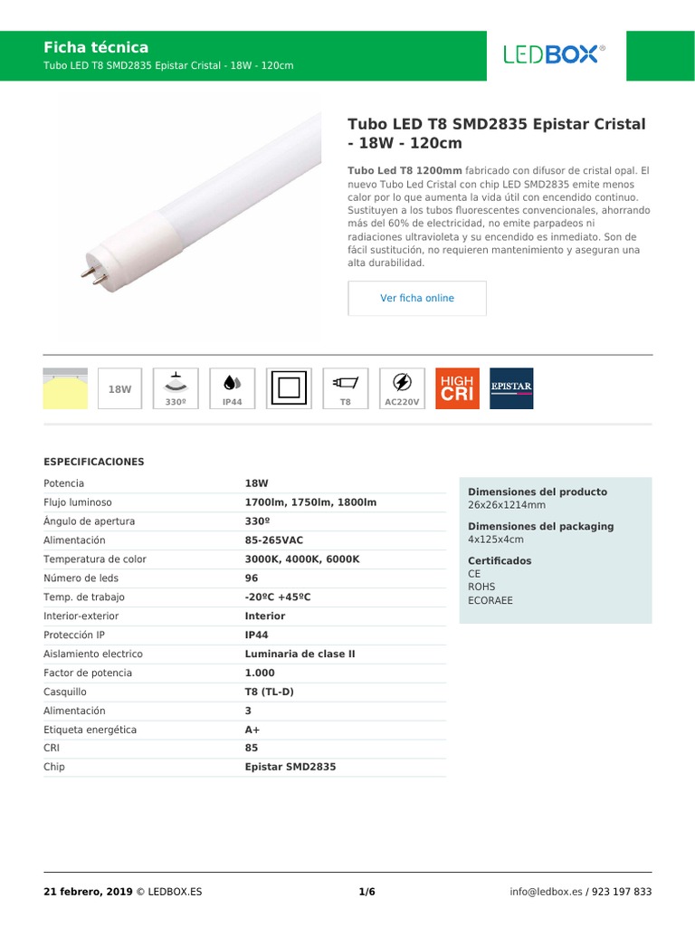 Tubo LED T8 SMD2835 Epistar Cristal - 18W - 120cm | PDF | Lámpara ...