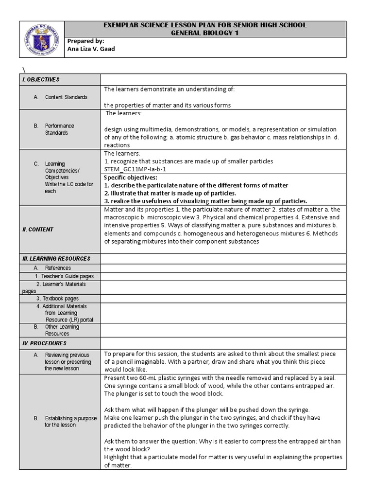 Particulate Nature of Matter Lesson Plan | PDF | Particle | Matter