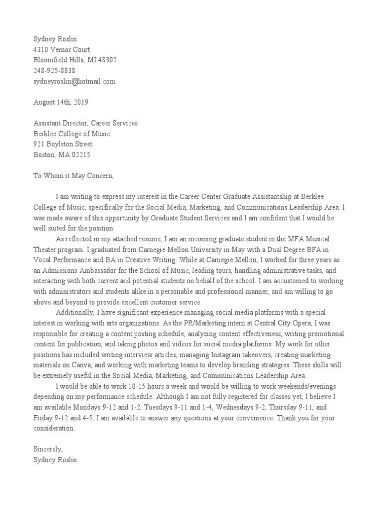 Sydney Roslin Career Center Graduate Assistant Cover Letter | PDF