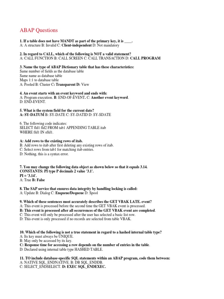 ABAP Questions | PDF | C (Programming Language) | Subroutine