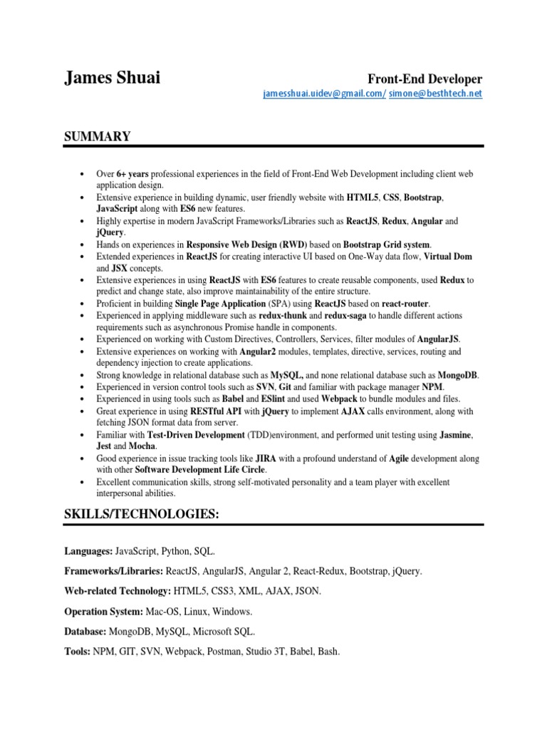 JamesShuai Resume | PDF | Angular Js | Cascading Style Sheets
