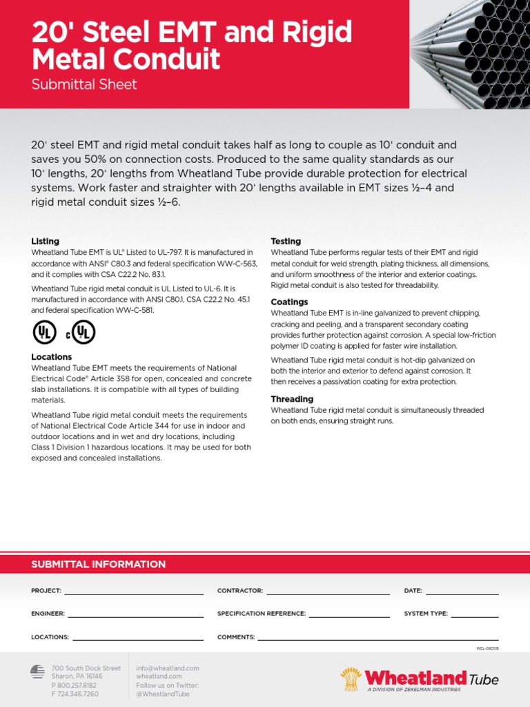 20 EMT and Conduit Submittal Sheet | PDF | Galvanization | Pipe (Fluid ...