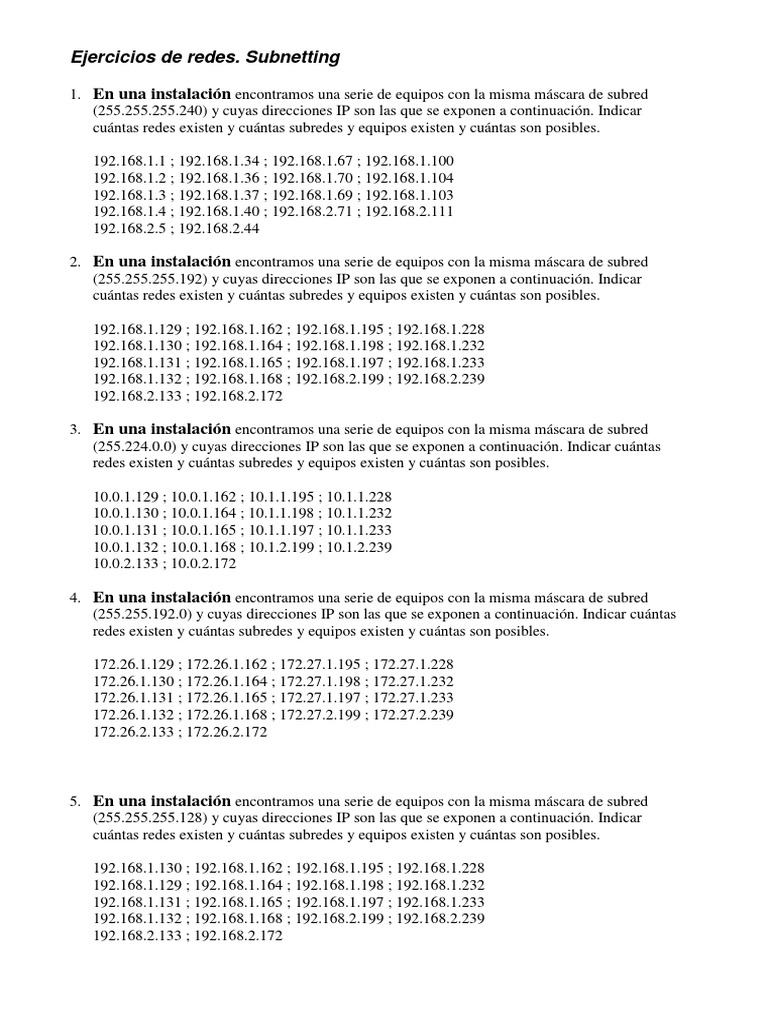 Ejercicios de Redes - Subnetting - Tarea | PDF | Dirección IP | Protocolos de red