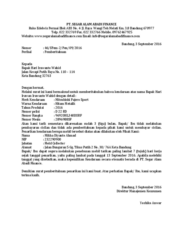 Contoh Surat Penarikan Kendaraan Berupa Mobil Pribadi | PDF