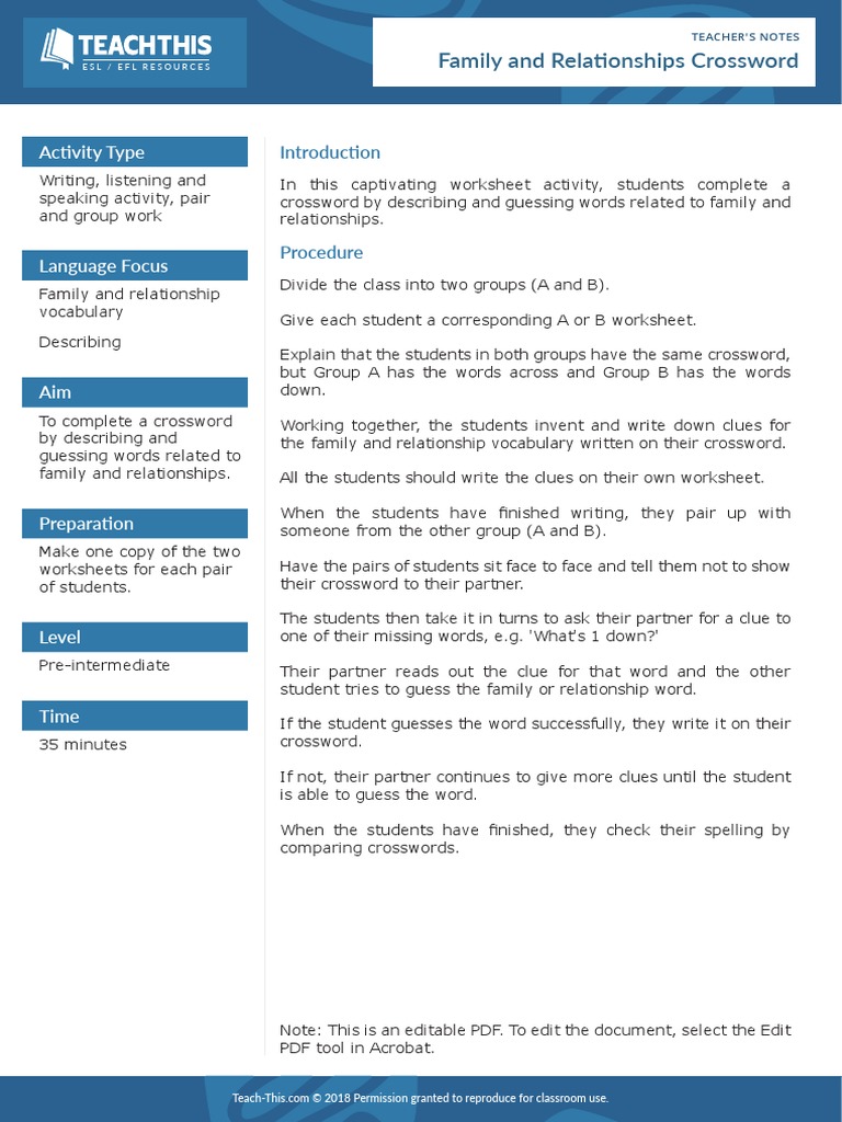 Family and Relationships Crossword | PDF | Crossword | English As A ...