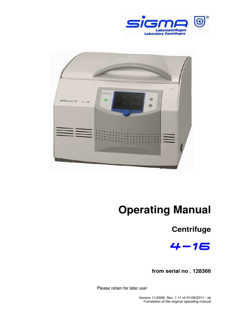 Sigma Centrifuge 4-16 Manual | PDF | Centrifuge | Safety