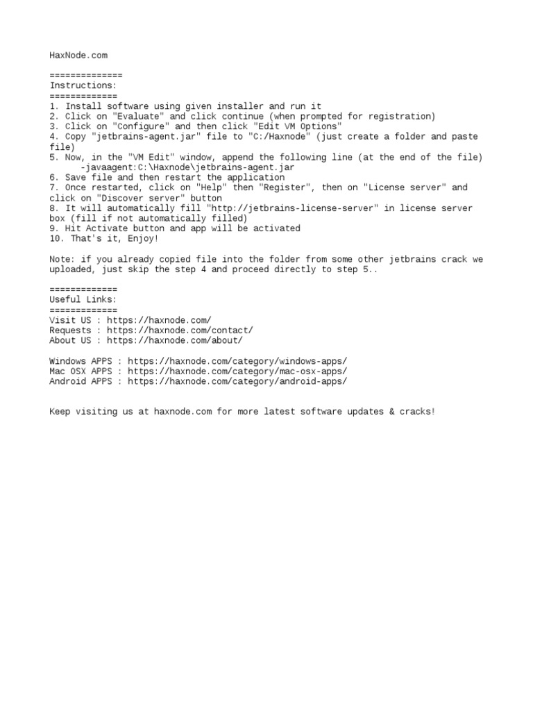 HaxNode.com: Instructions to Activate JetBrains IDEs for Free | PDF