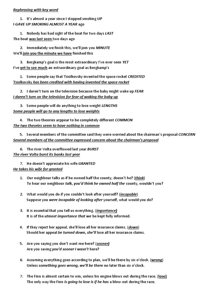 Rephrasing With Key Word - Transformation - Proficiency Level Practice | PDF