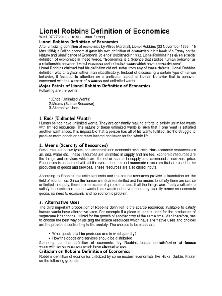 Lionel Robbins Definition of Economics | PDF | Economics | Resource