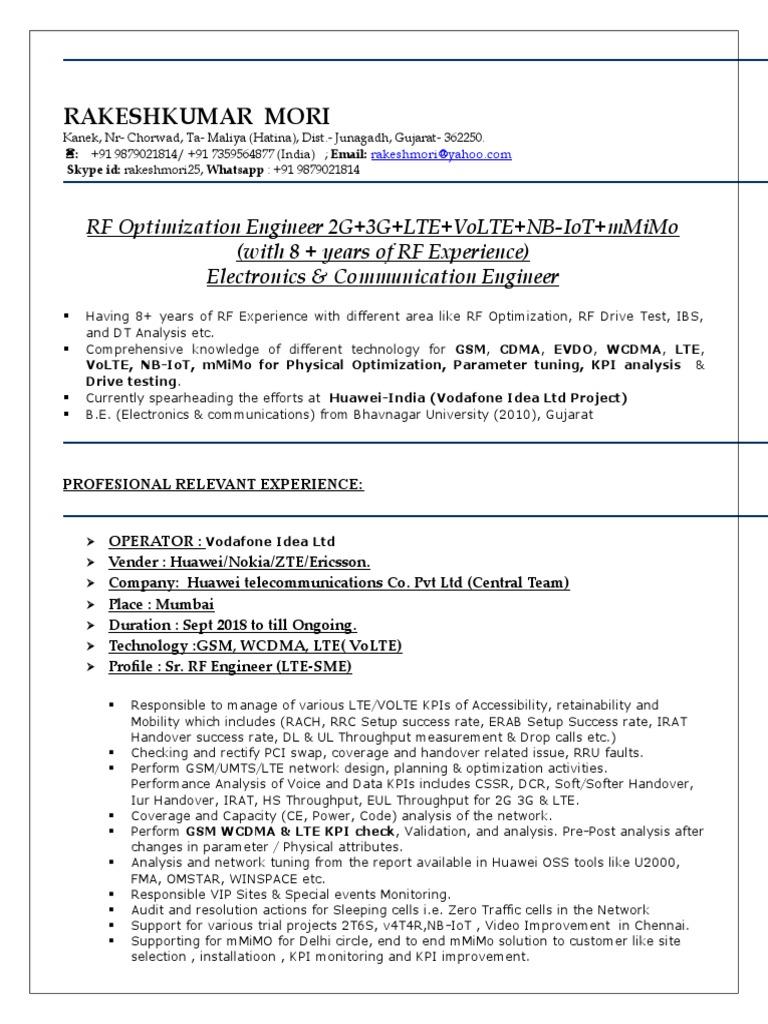RF Optimization Engineer Resume | PDF | Lte (Telecommunication ...