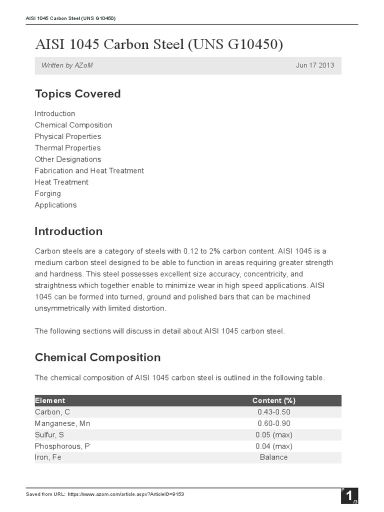 AISI 1045 Carbon Steel Overview | PDF | Strength Of Materials | Young's ...