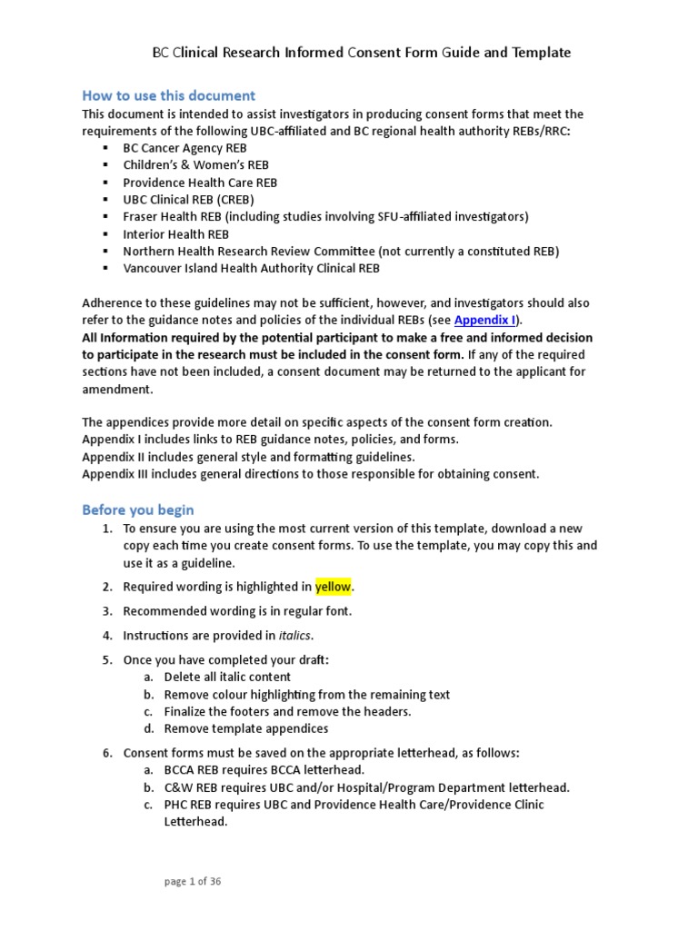 BC Common Clinical Informed Consent Template | PDF | Clinical Trial ...