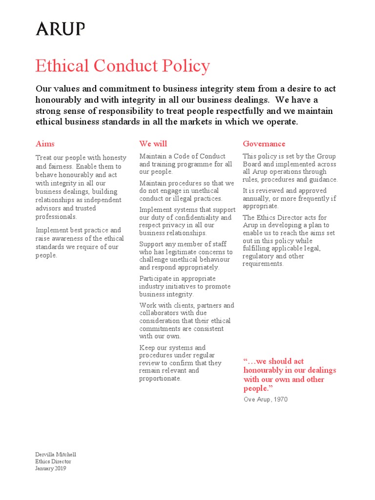 Arup Ethical Conduct Policy Overview | PDF | Business Ethics | Integrity