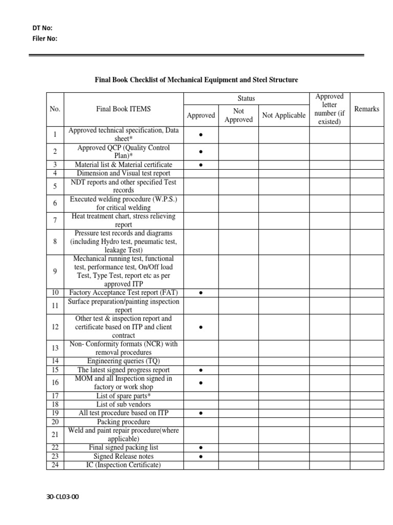 Final Book Check List of Mechanical and Steel Structure Equipment (30 ...