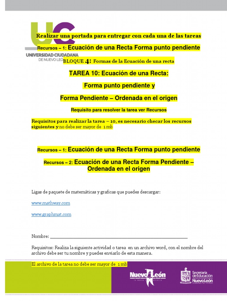 Recurso 1 Ecuaciones Lineales Formas Punto Pendiente | PDF | Pendiente ...