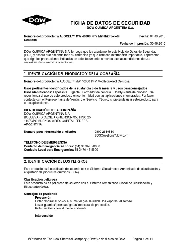 Ficha Tectica Walocel | PDF | Toxicidad | Combustión