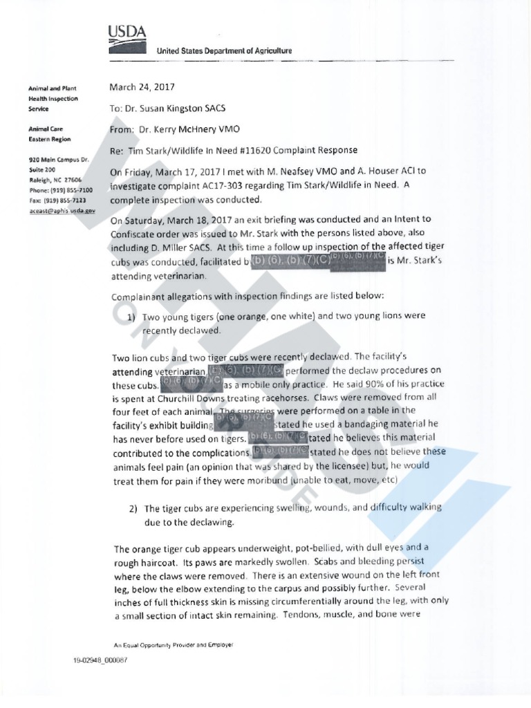 USDA Responds To Declawed Tiger Cubs | PDF