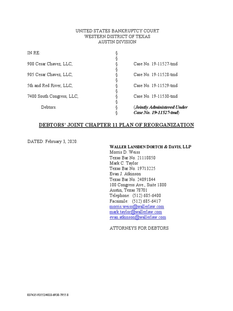 Joint Chapter 11 Reorganization Plan | PDF | Bankruptcy In The United ...