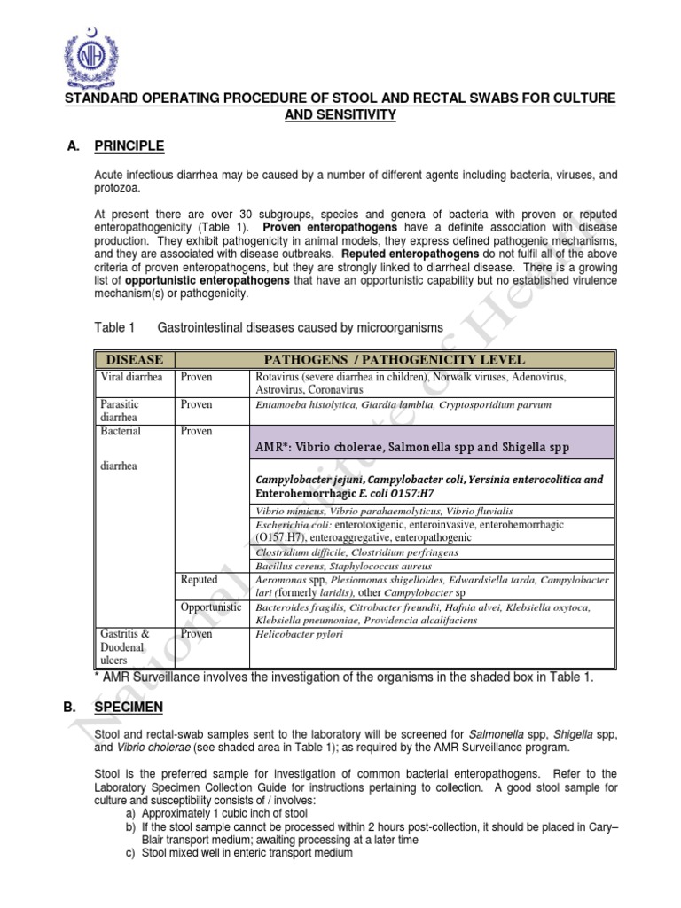 SOP Stool Rectal Swab For Culture and Susceptibilities | PDF | Diarrhea | Clinical Pathology