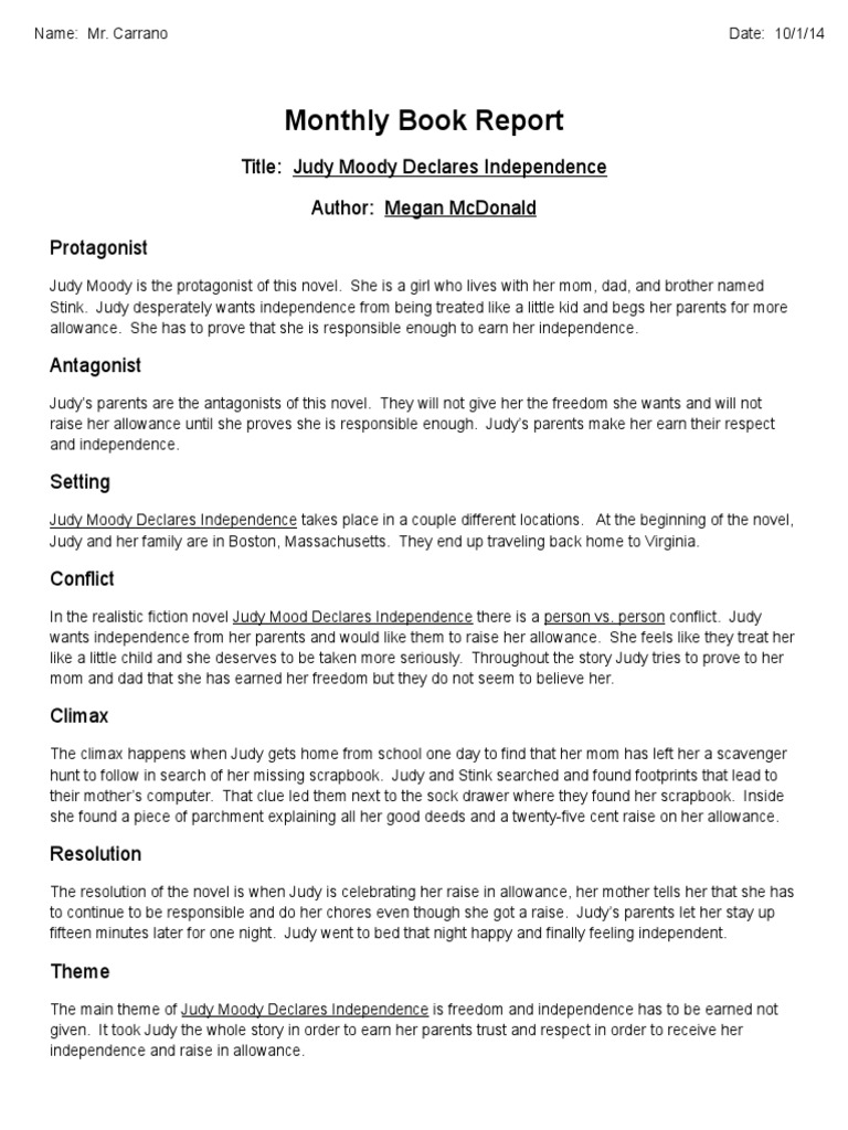 Monthly Book Report Judy Moody Declares Independence | PDF