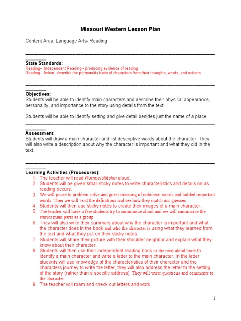 Lesson Plan Characters | PDF | Cognition | Psychology