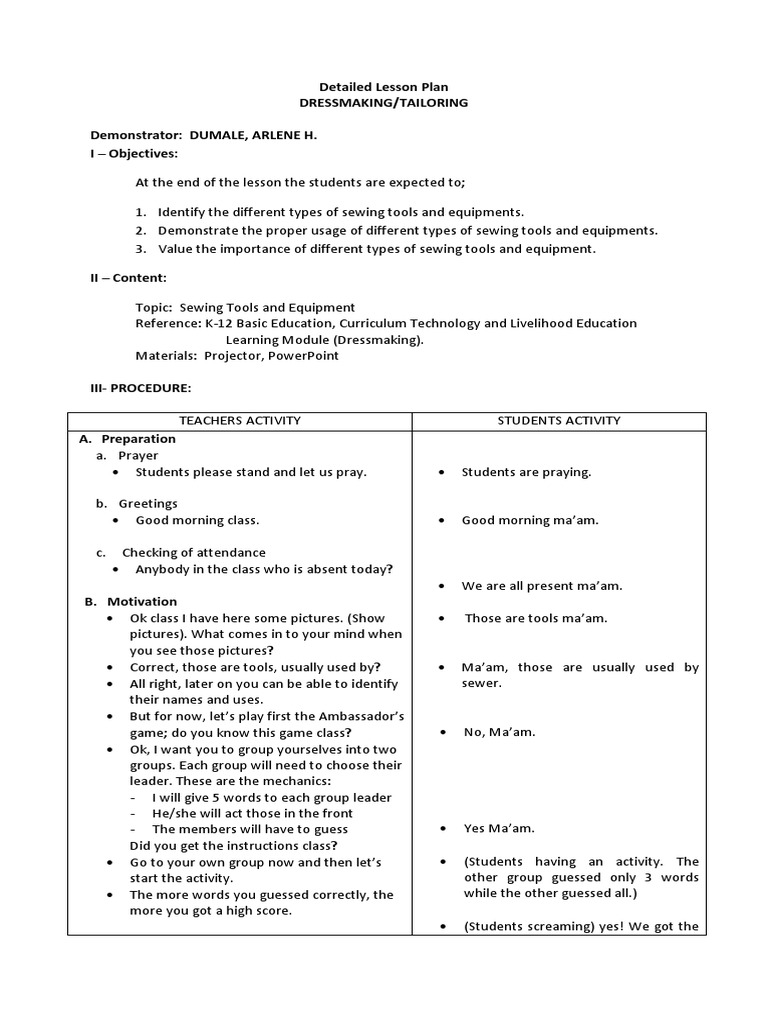 Detailed Lesson Plan in DRESSMAKING TAIL | PDF | Scissors | Sewing