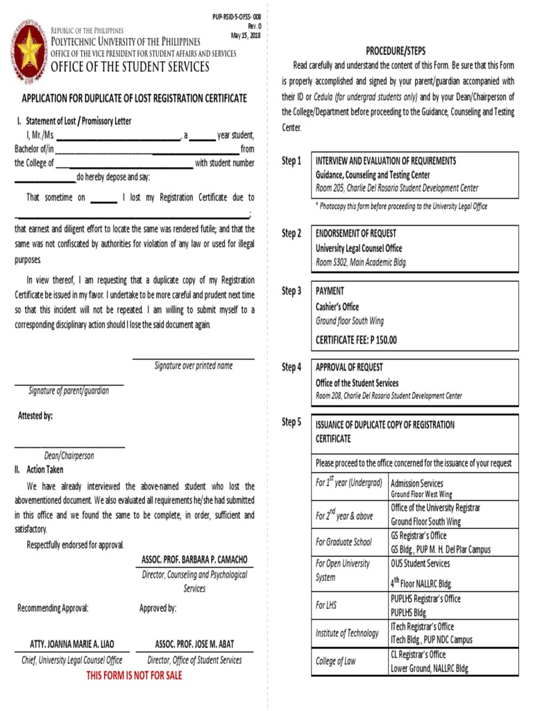 PUP OSS Form - Application For Duplicate of Lost Registration ...
