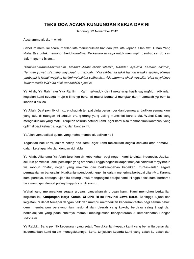 Teks Doa Acara Kunker DPR 22 Nov 2019 | PDF | Agama & Spiritualitas