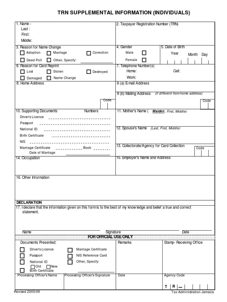 TRN Supplemental Form 100 PDF | PDF | Birth Certificate | Government ...