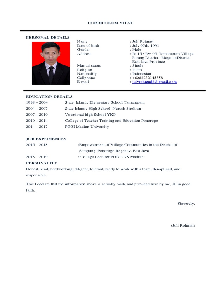 CV Juli Rohmat Indonesian Teacher | PDF
