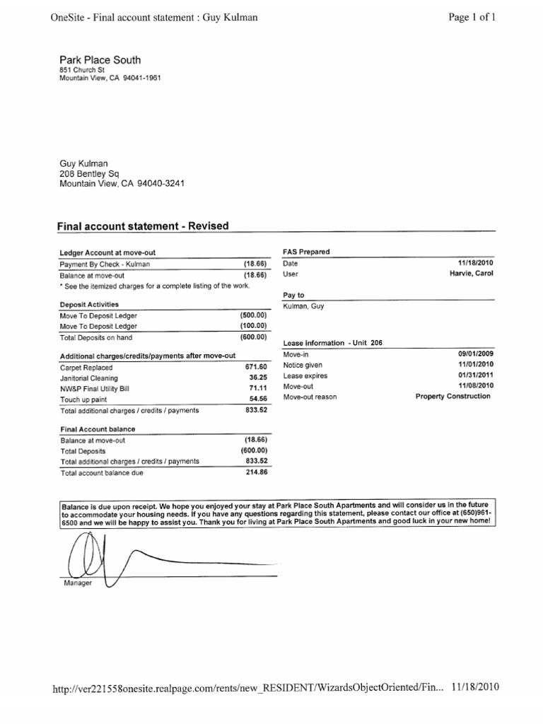 Final Account Statement for Move-Out | PDF