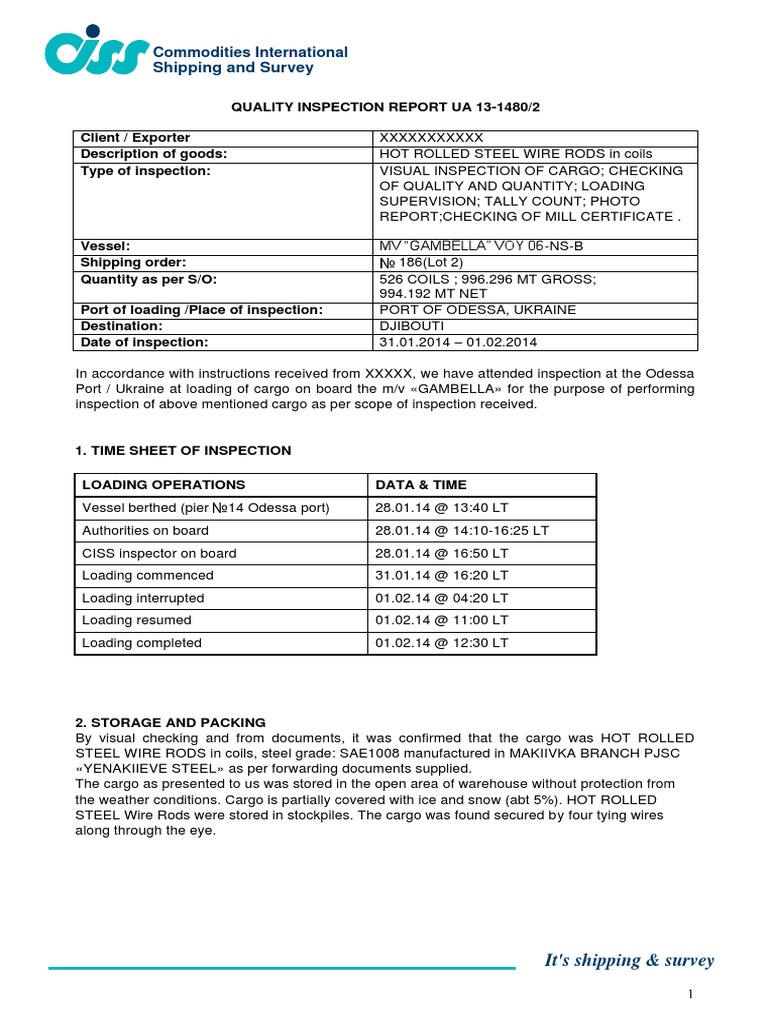 3 CISS - Wire Rod in Coils - Example of Report | PDF | Warehouse | Cargo