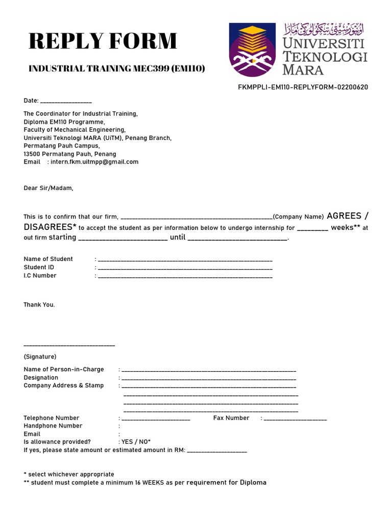 Reply Form (v2019) UITM | PDF