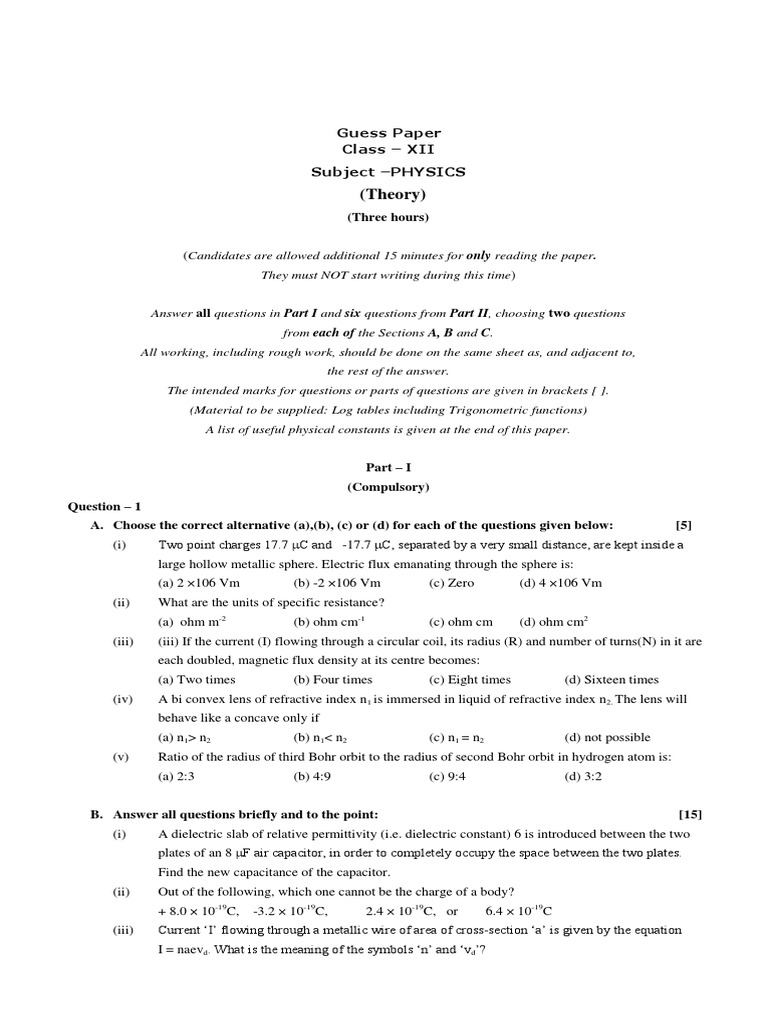 Physics Sample Paper5 | PDF | Physical Sciences | Electromagnetism