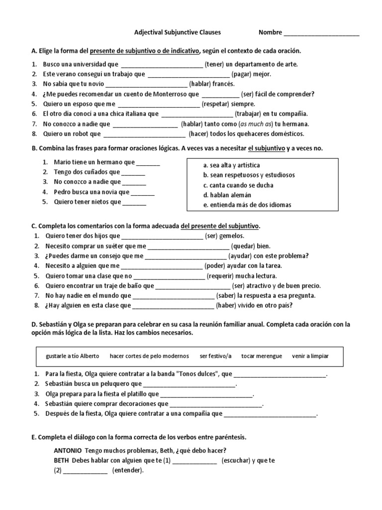 Adjectival Clauses Subjunctive Practice From Imagina | PDF
