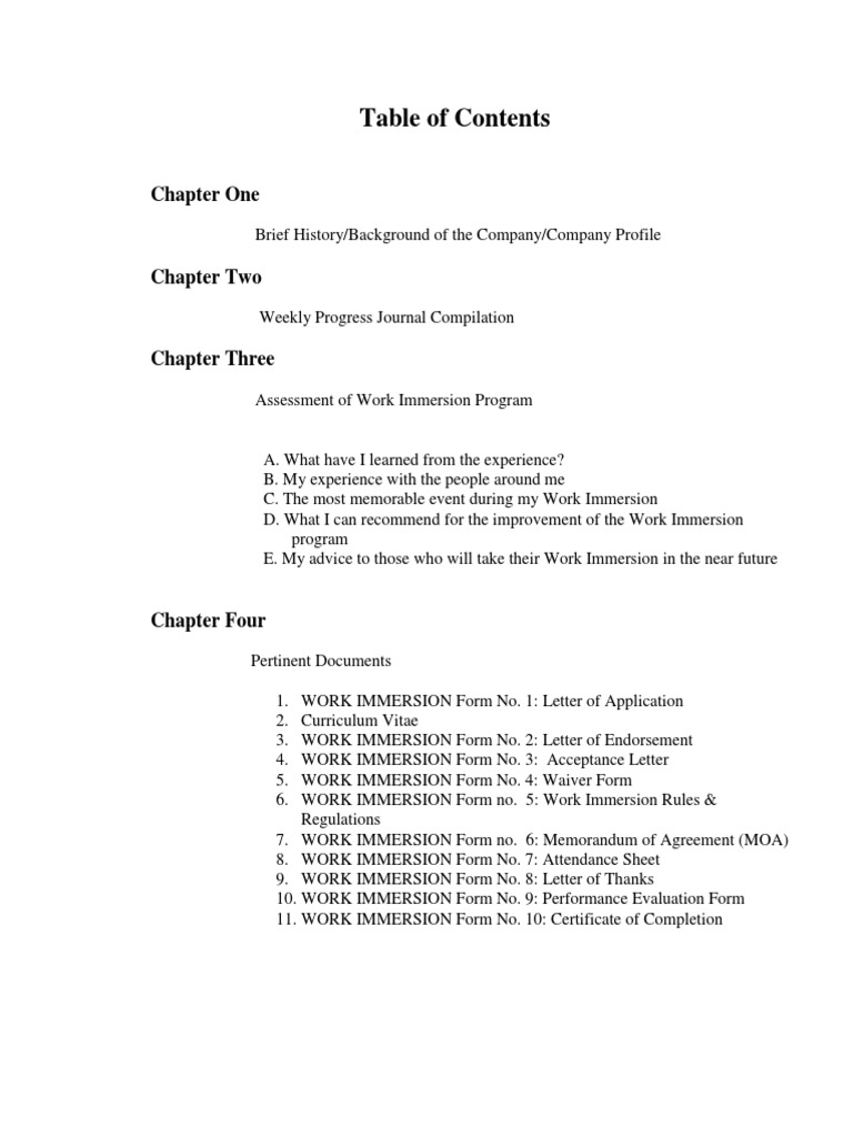 WORK IMMERSION - Table of Contents. FINAL | PDF