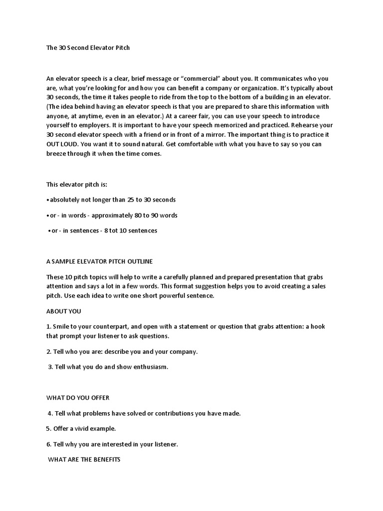 Crafting Your 30-Second Elevator Pitch | PDF | Question | Psychological ...