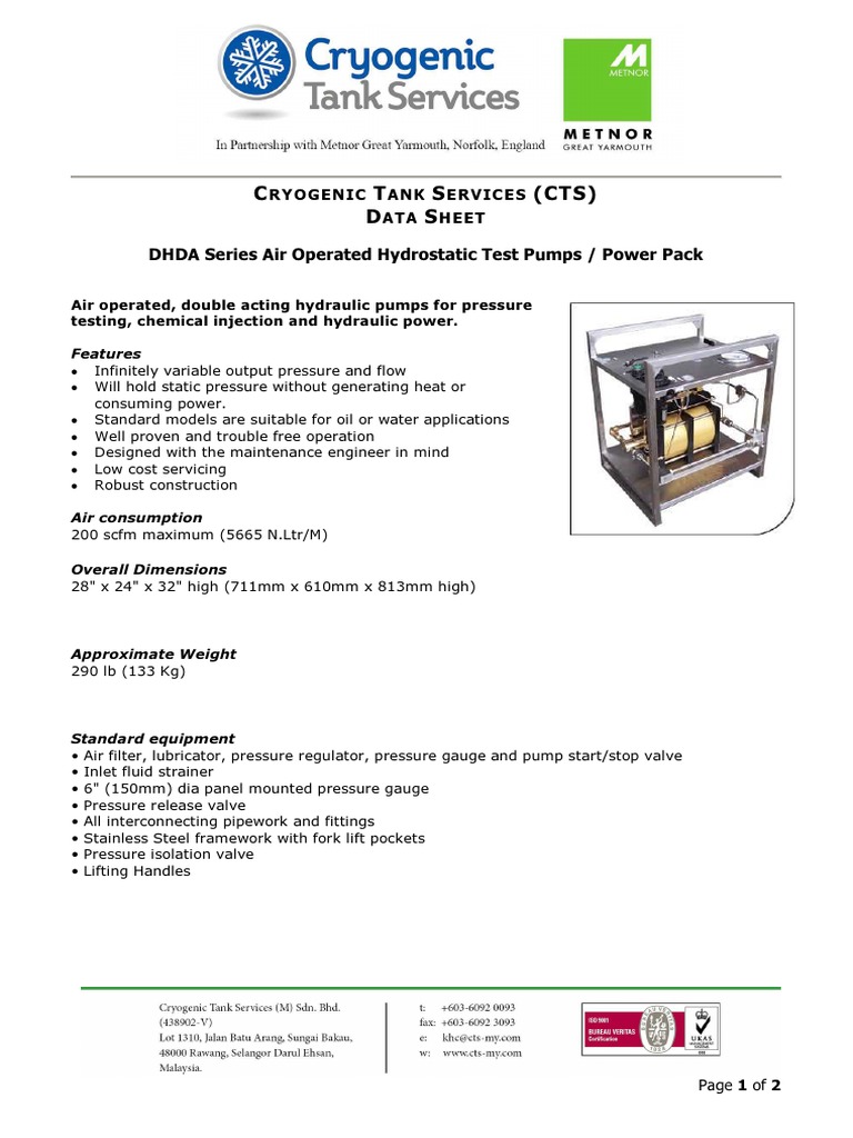 DHDA Series Hydrostatic Test Pumps | PDF | Pump | Gas Technologies