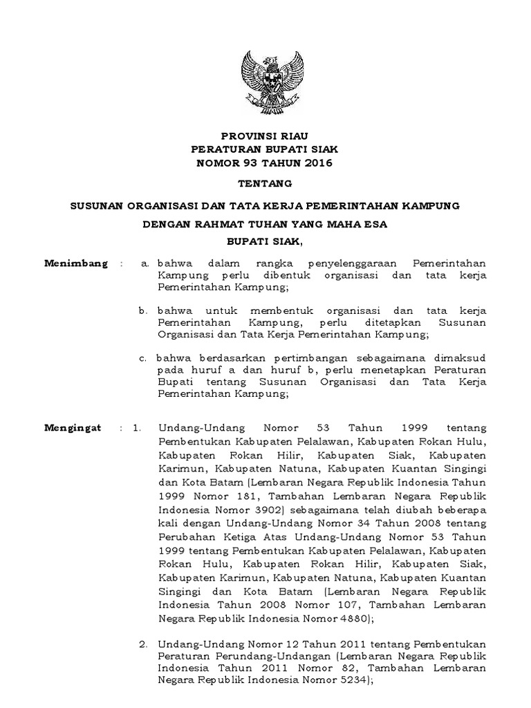 Perbub Sotk Kampung No. 93 Tahun 2016 PDF | PDF