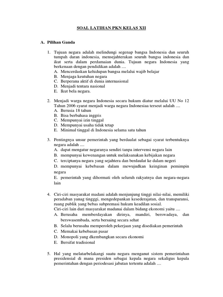 Latihan Soal PKN Kelas Xii - Usbn Praparation | PDF