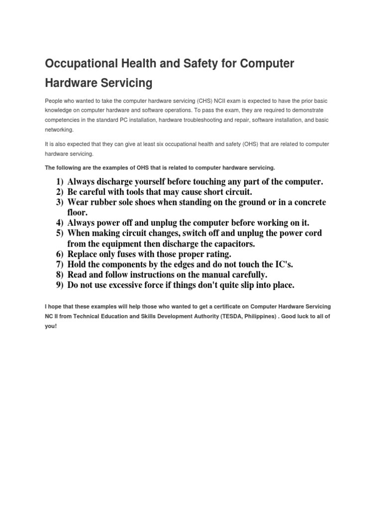 CHS NCII Exam: OHS Essentials | PDF | Computers | Technology & Engineering