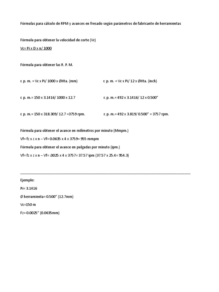 Fórmulas para Cálculo de RPM y Avances en Fresado | PDF