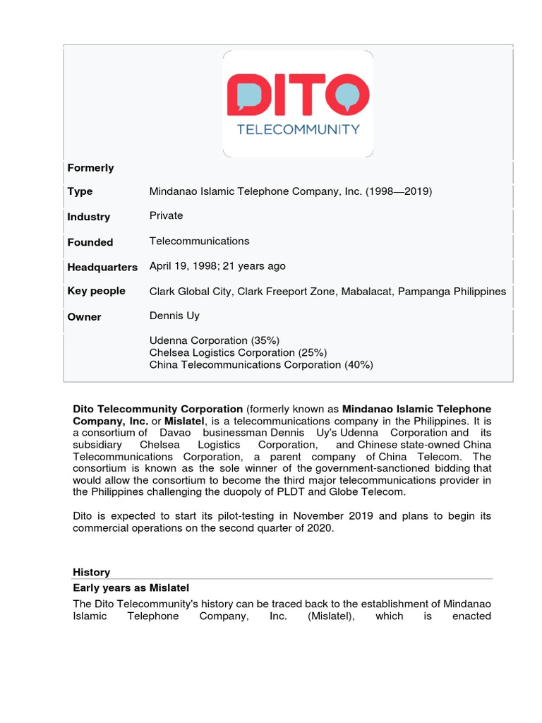DITO Company Brief | PDF | Information And Communications Technology ...