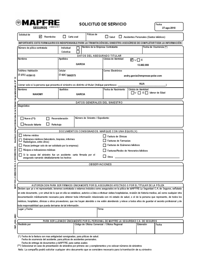 Solicitud de Servicio Mapfre | PDF | Póliza de seguros | Historial médico