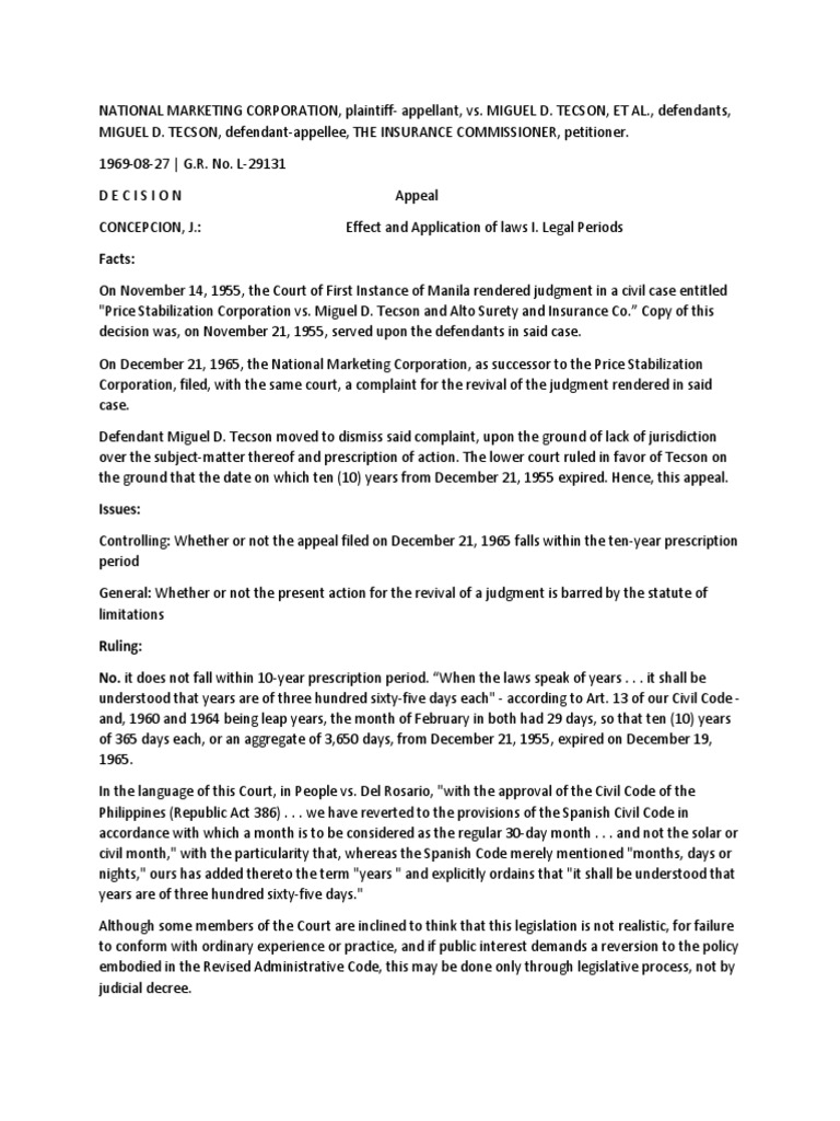 National Marketing Corporation (NAMARCO) Vs Miguel D Tecson 29 SCRA 70 ...