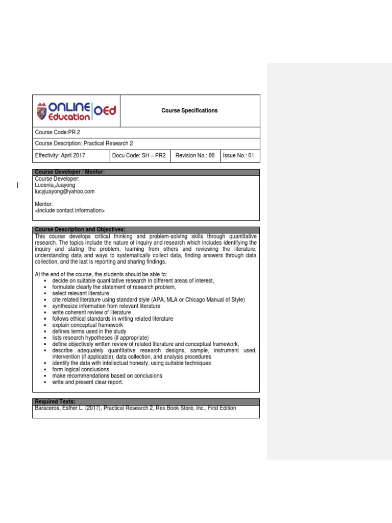 Course Syllabus - Practical Research 2 - SecondRevised | PDF | Level Of ...