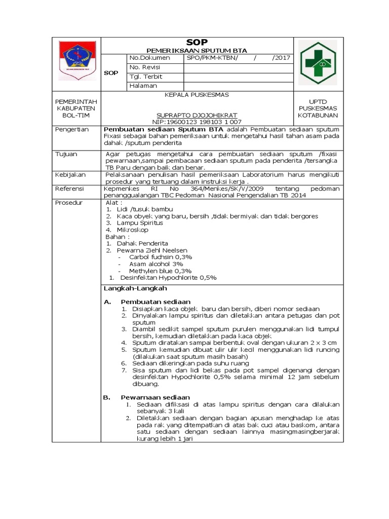 SOP Pemerriksaan Dan Pewarnaan BTA | PDF