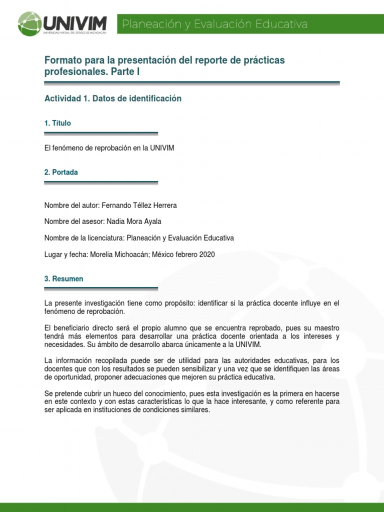 EJEMPLO-Reporte de Practicas Profesionales. Parte I | PDF