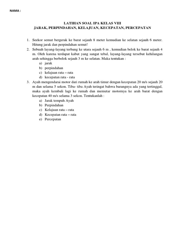 Latihan Soal Ipa Kelas Viii Jarak Perpindahan | PDF