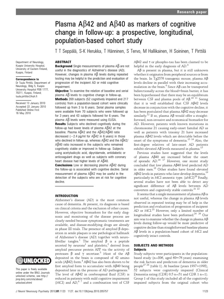 Plasma Ab42 and Ab40 As Markers of Cognitive | PDF | Amyloid Beta ...